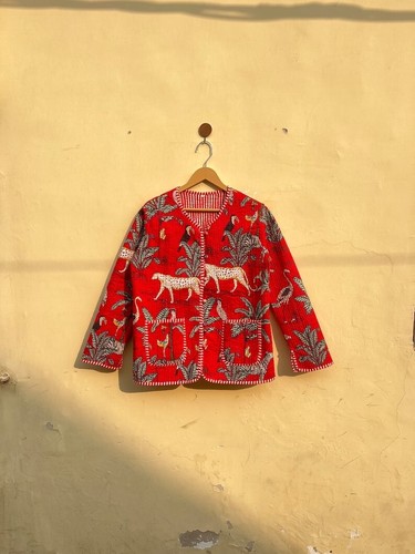 Indian Red Tiger Printed Cotton Quilted Jacket Unisex Jacket Partywear ...