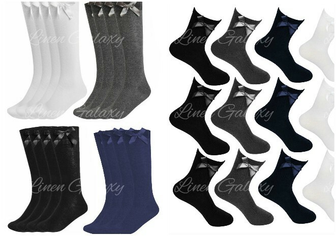 Girls Black Grey Navy White Knee High Ankle Bow Socks School Uniform 3 ...
