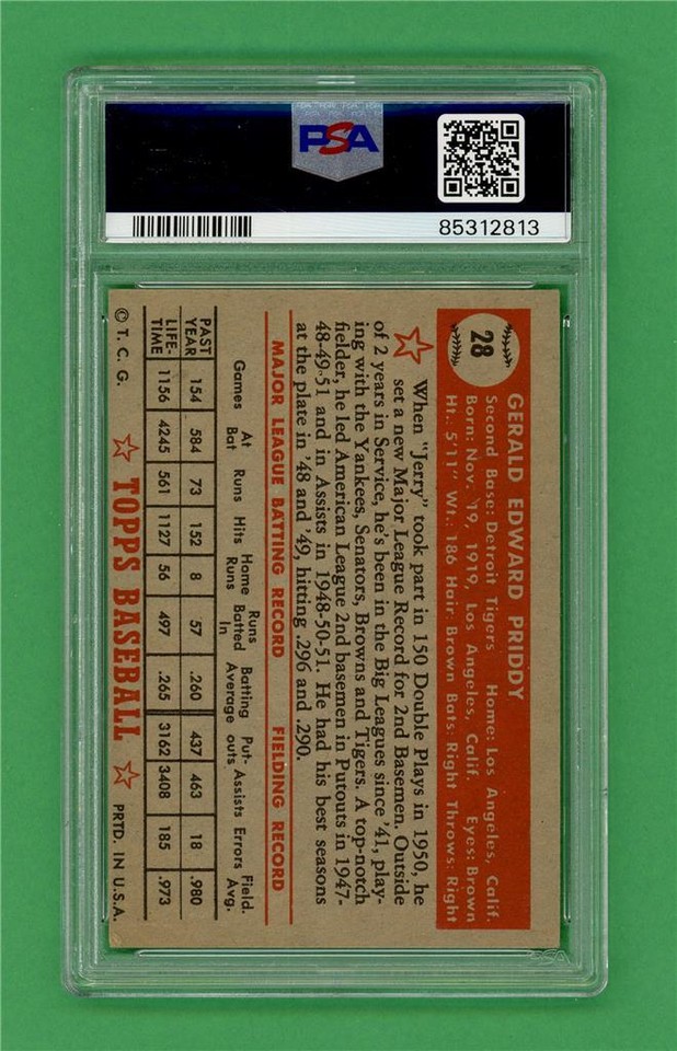 1952 Topps #28 Jerry Priddy * PSA VG-EX 4 * Detroit Tigers vintage ...