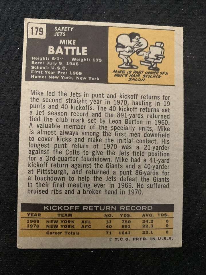 1971 Topps Football RC Rookie Card 179 Mike Battle New York Jets ExNm ...