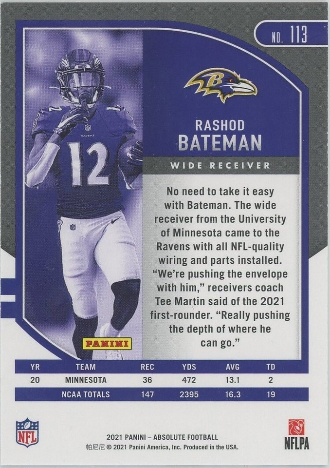 2021 Panini Absolute Rashod Bateman Rookie Green Parallel Ravens RC ...