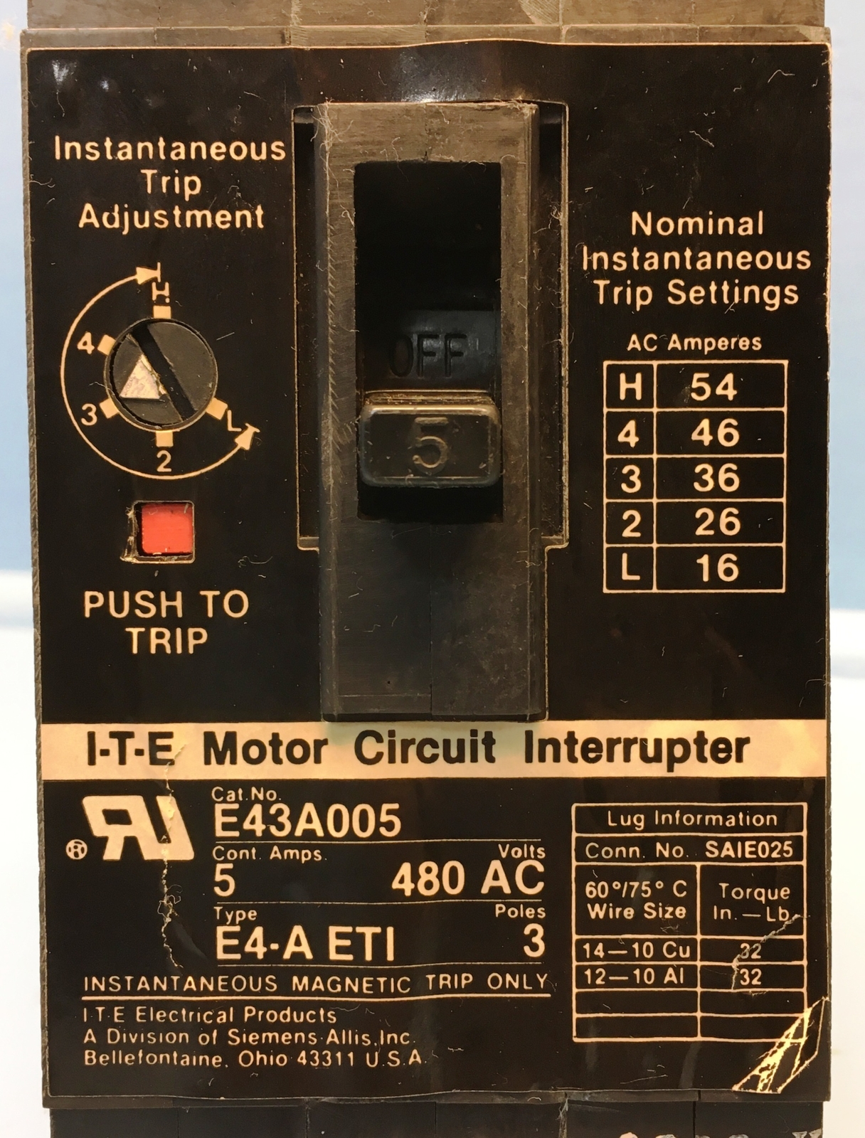 ITE Siemens E43A005 5A Motor Circuit Interrupter 480V E4-A ETI 3P I-T-E ...