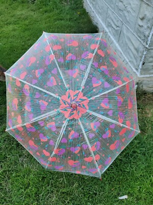 Vintage 80s 90s Clear Colorful Heart Umbrella Pink Handle SHAW Vinyl | eBay