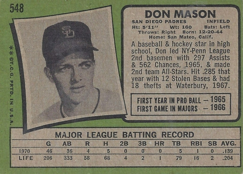 1971 Topps Don Mason 548 Padres VG | eBay