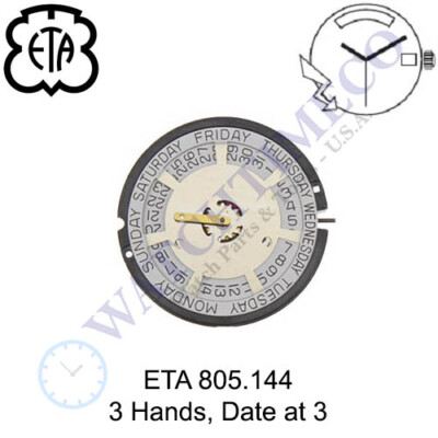 Genuine ETA 805.144 Watch Movement Swiss 3 Hands, Date at 3, Day at 12 ...
