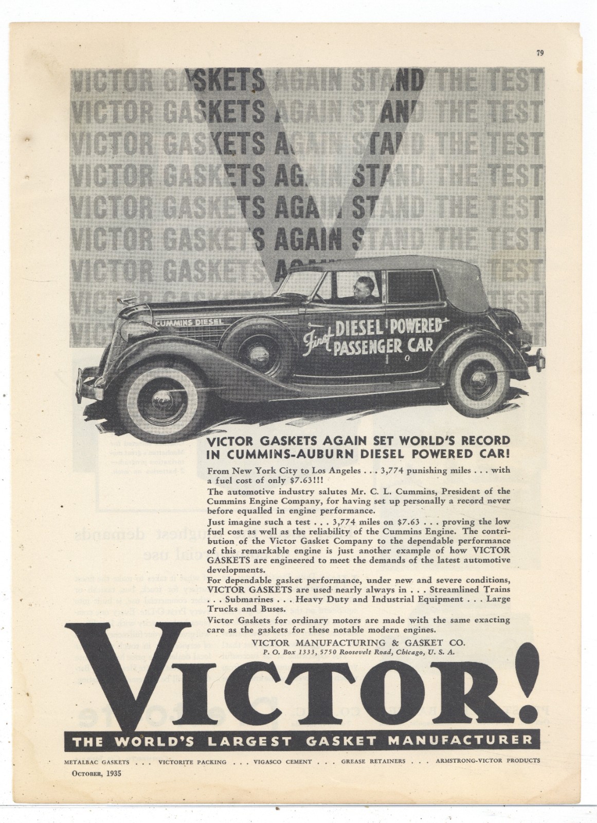 1935 Victor Gasket Ad: Cummins Diesel Powered AUBURN Passenger Car ...