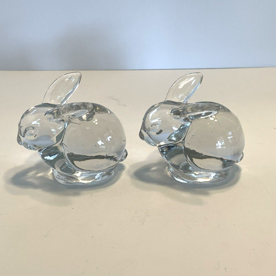 Pair Biedermann Clear Art Glass Easter Bunny Rabbit Tapered Candlestick ...