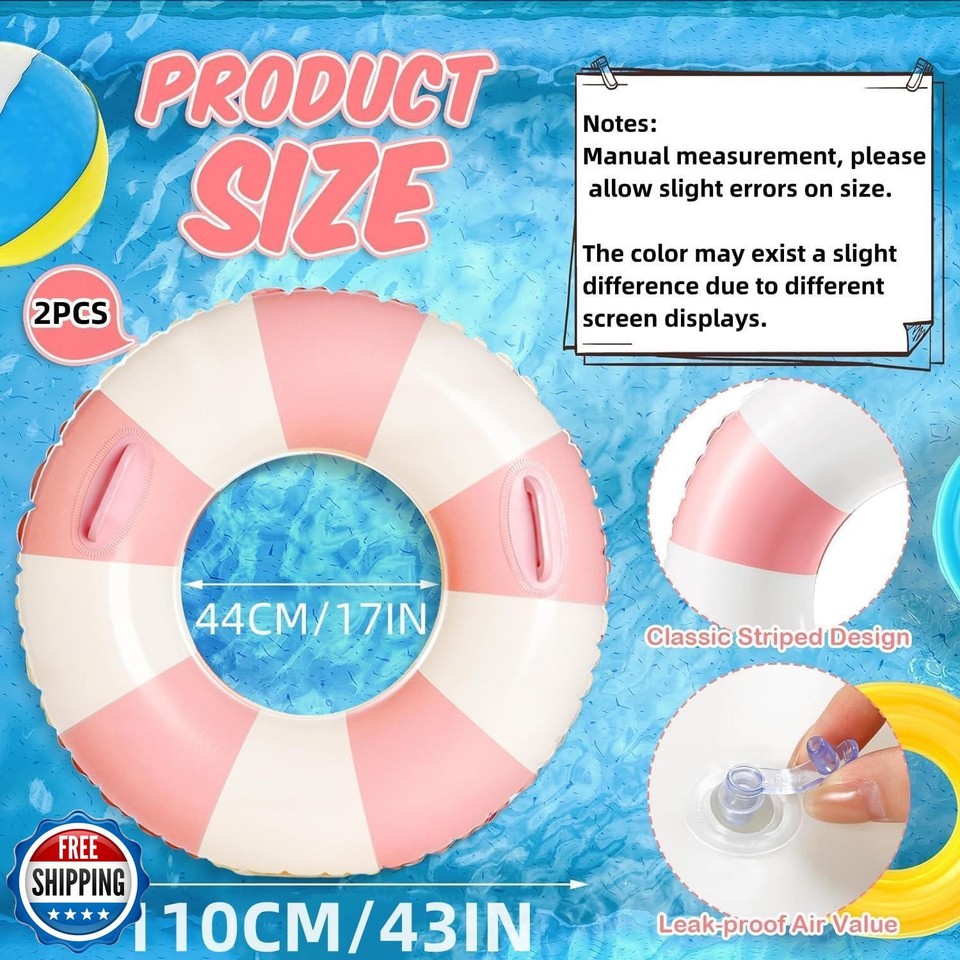 2PCS Stripe Pool Swim Ring with Handles Inflatable Pool Floats 43 Inch ...