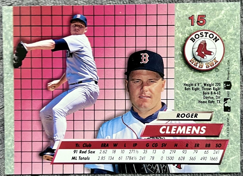1992 Fleer Ultra Roger Clemens #15 Boston Red Sox Baseball Card ...