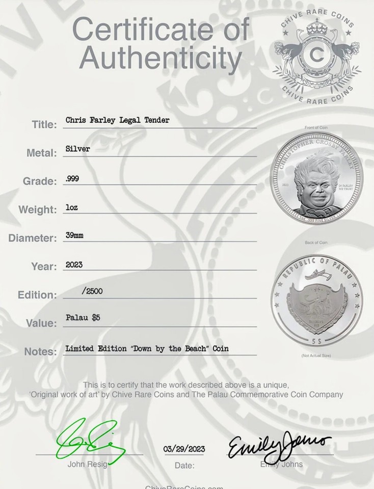 The Chivery - Chris Farley - 2023 Republic of Palau Silver Coin 1 ozt ...