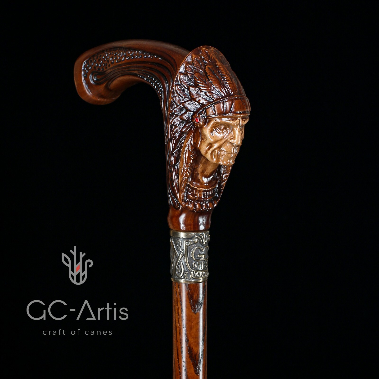 Wooden Walking cane Indian Chief stick Hand Carved Wood Crafted for men ...