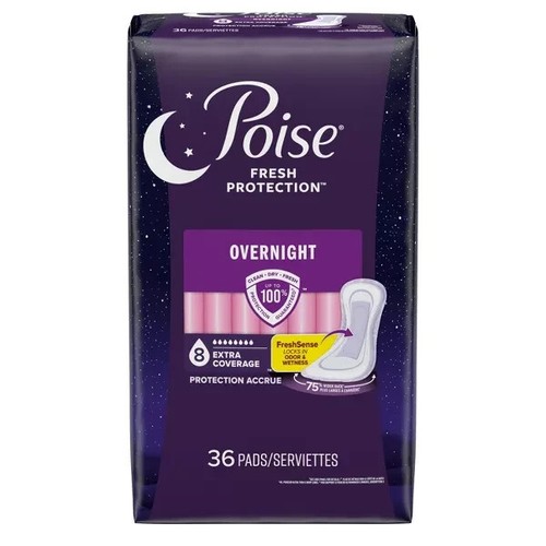 Poise Overnight Incontinence Pads for Women, 8 Drop Extra Coverage,4X36 ...