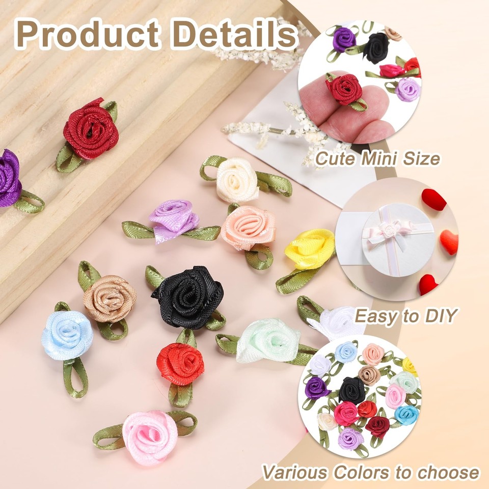50 PCS Rose Red Ribbon Roses 5/8x1-3/16 Inch Mini Satin Bows Artificial ...