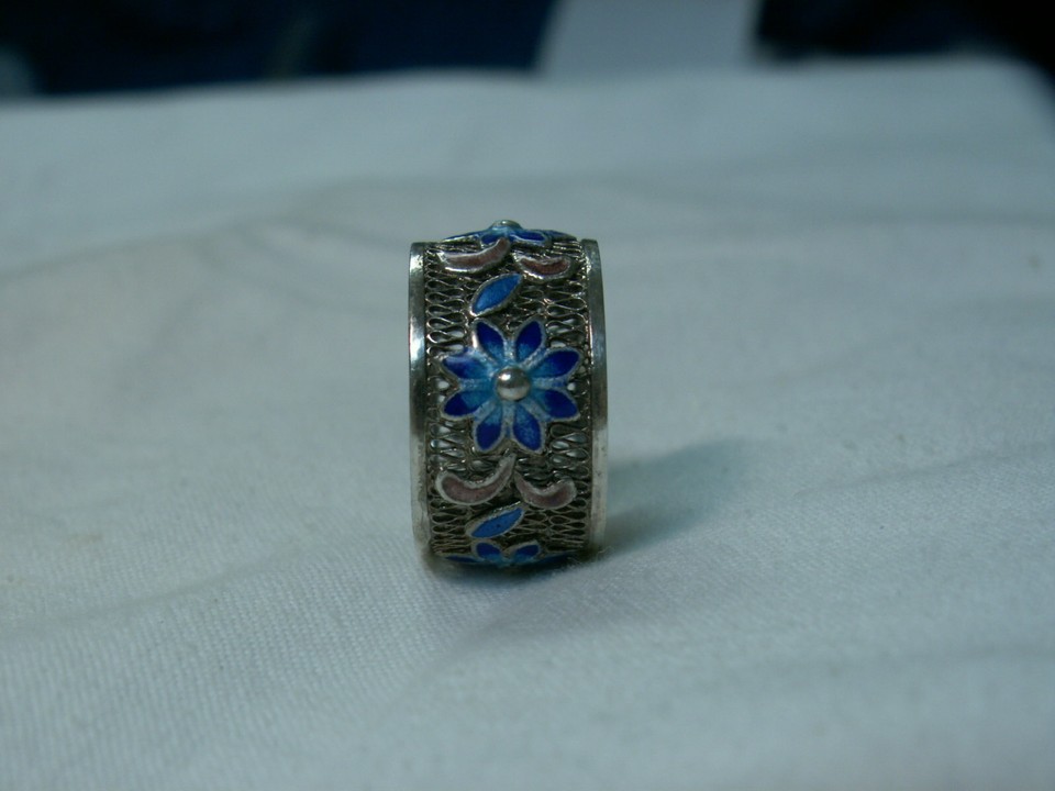 Wide Sterling Silver Filigree, Enamel Flowers & Leaves Band Ring | eBay UK