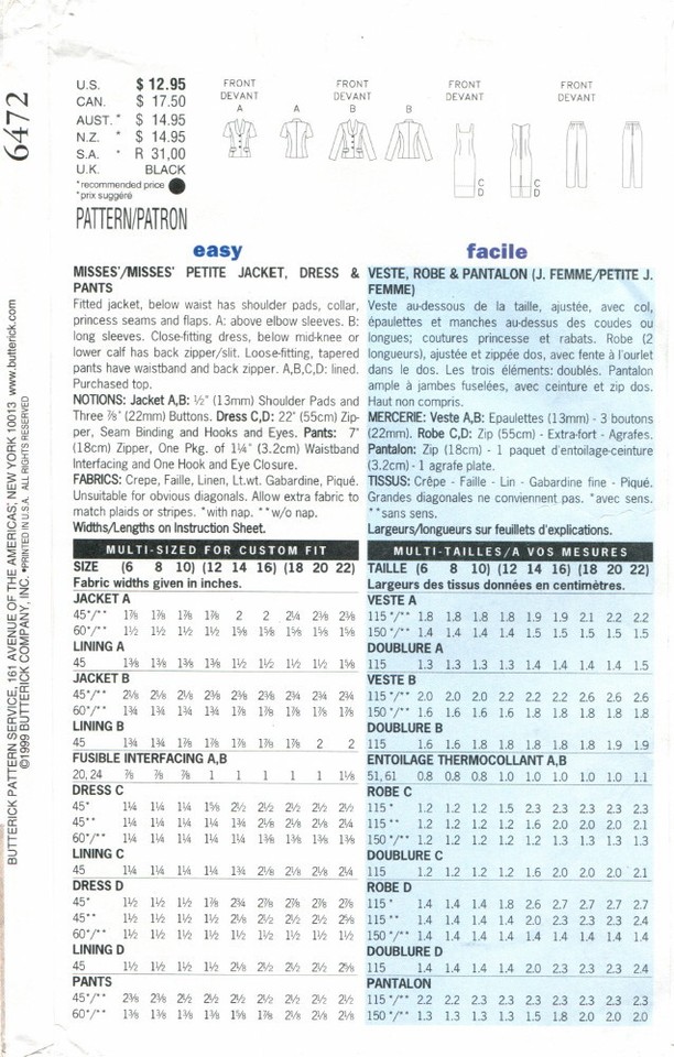 Butterick 6472 Jacket Dress Pants Misses Easy Sewing Pattern Uncut Size ...