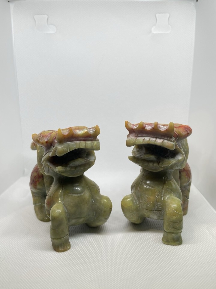 Pair 6” Jade Carved Chinese Pi Xiu - Pi Yao Protector Red Green Feng ...
