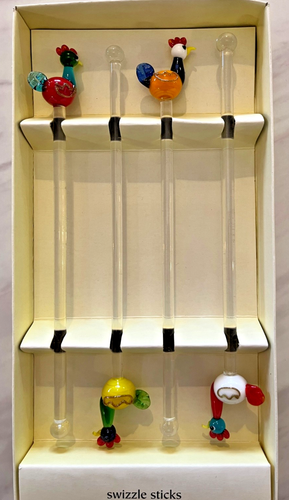NEW in box Pier 1 Imports Set [4] Glass Roosters/Chickens Swizzle stir ...