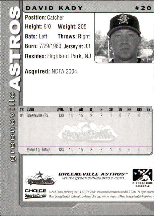 2005 Greeneville Astros Choice #20 David Kady Highland Park New Jersey ...