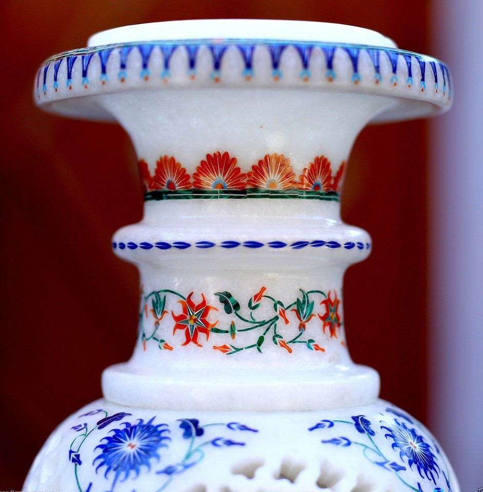 9" White Marble Flower Pot Grill Work Semi Inlaid Marquetry Patio Arts ...