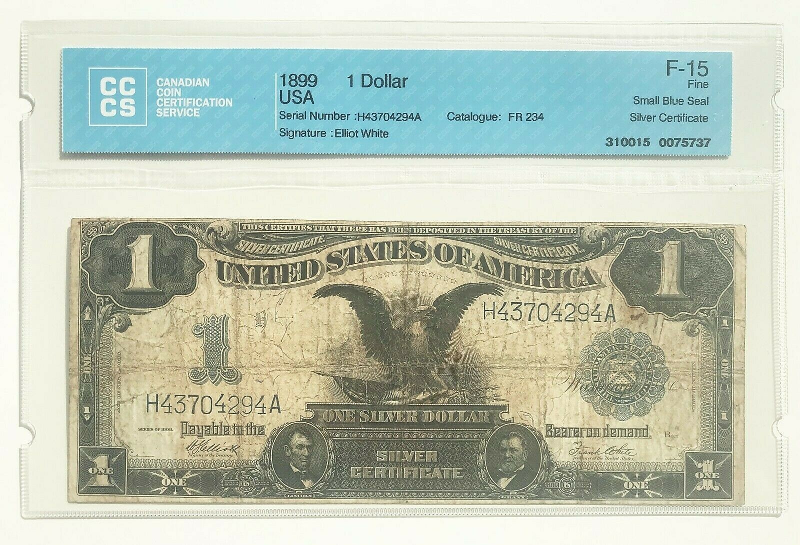 1899 1 Dollar Banknote USA • Small Blue Seal, Silver Certificate • F-15 ...