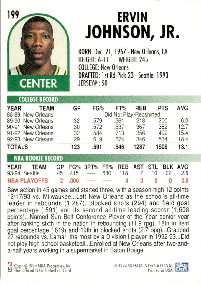 1994-95 NBA Hoops Basketball Card Ervin Johnson Seattle SuperSonics #199 | eBay