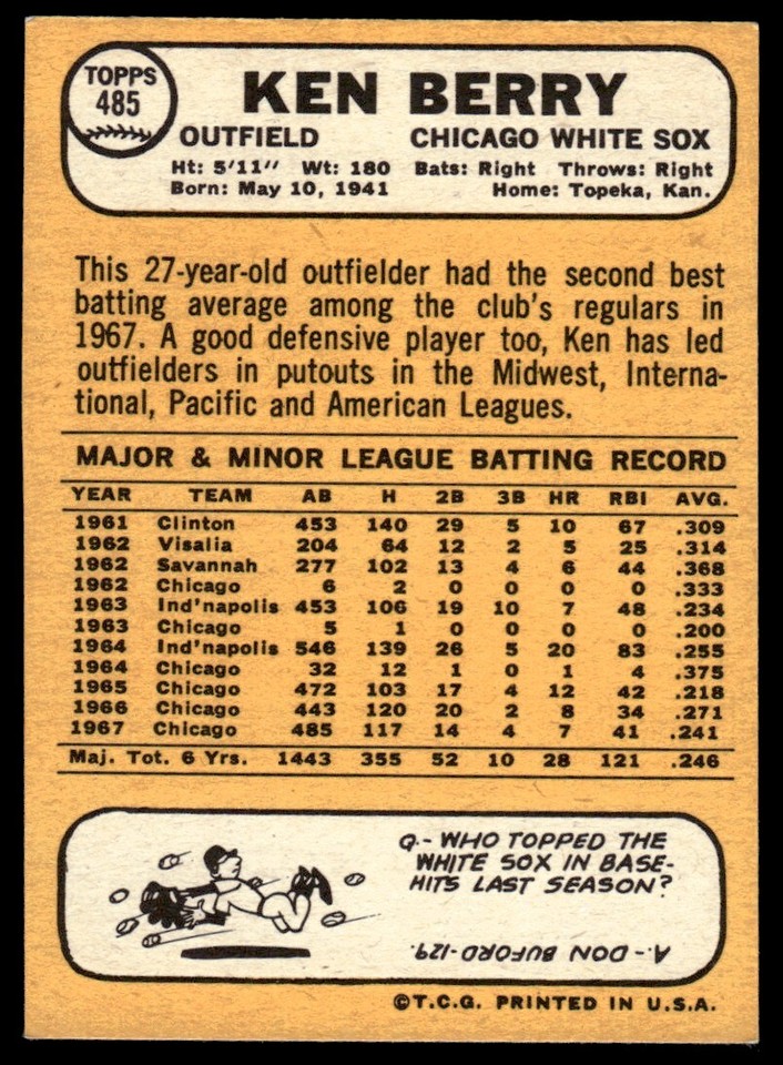 1968 Topps Ken Berry EX-NM COND Chicago White Sox #485 | eBay