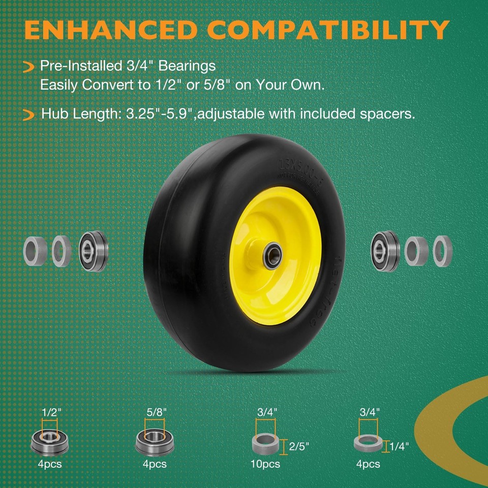 13x5.00-6 Flat-Free Lawn Mower Tire & Wheel Set of 2, Zero-Turn Mower ...