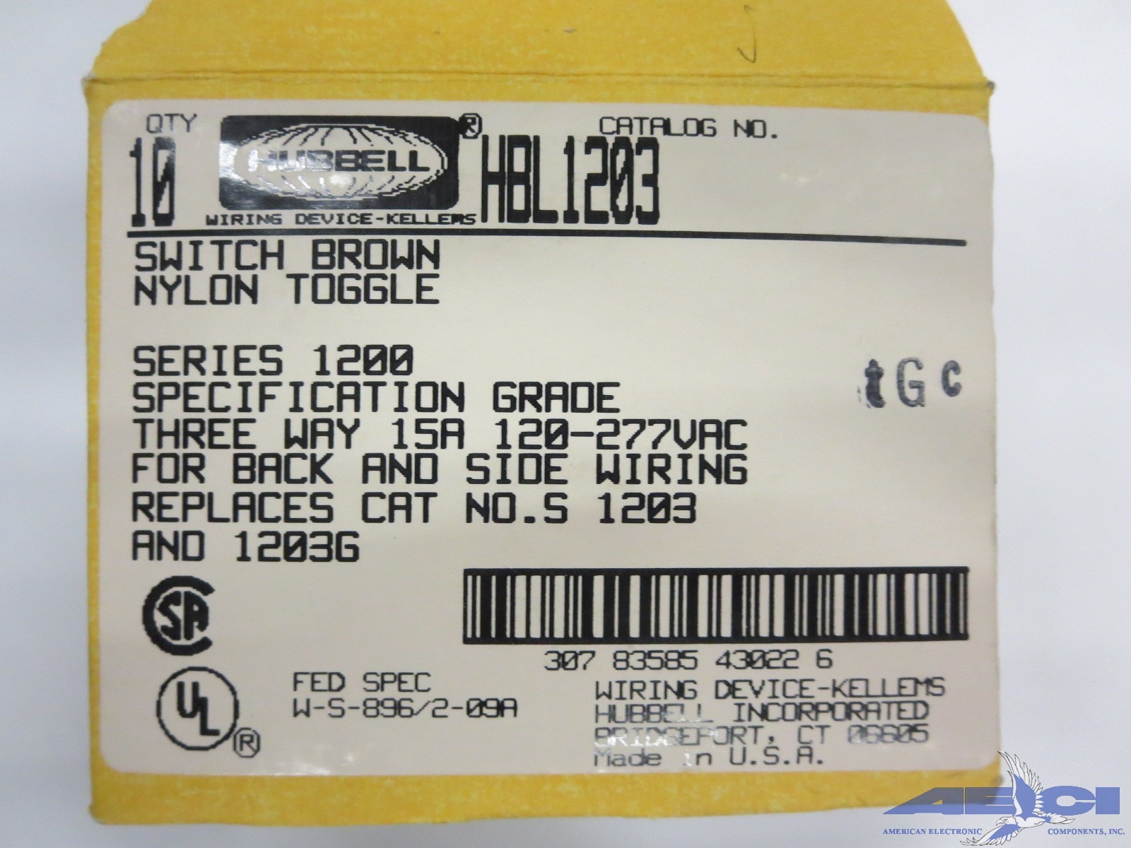 HUBBELL SWITCH - BROWN NYLON TOGGLE THREE-WAY 15A 120-275VAC HBL1203 ...