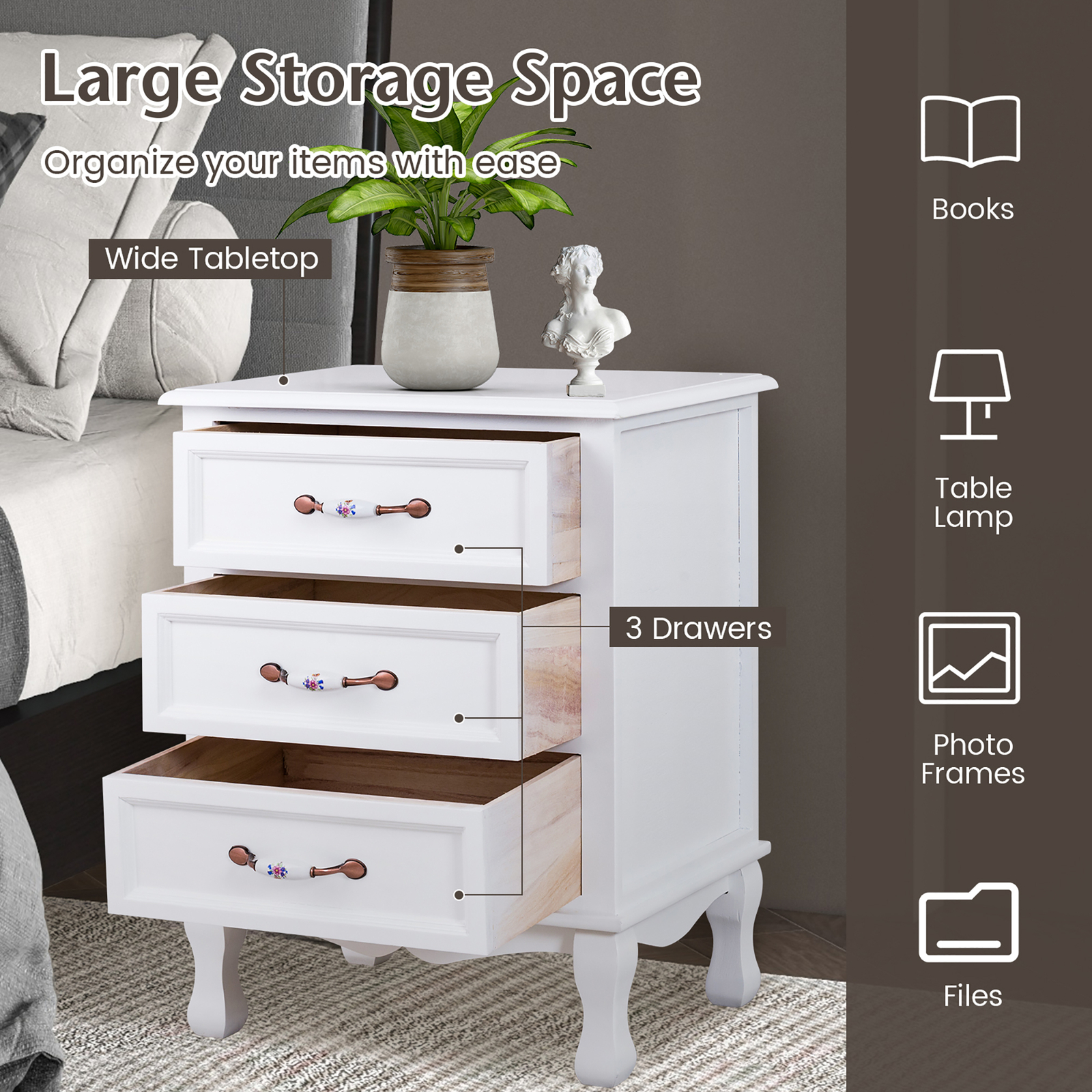 2PCS 3 Drawers Nightstand Storage Wood End Table Side Bedside White | eBay