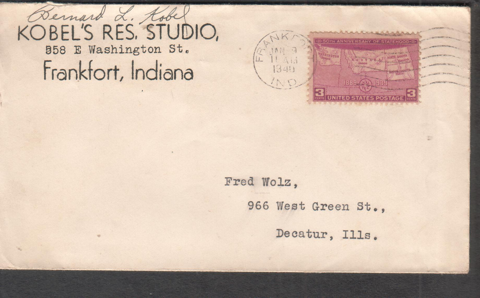 1940 cover Kobel's Res Studio Frankfort Indiana to Fred Wolz Decatur IL ...