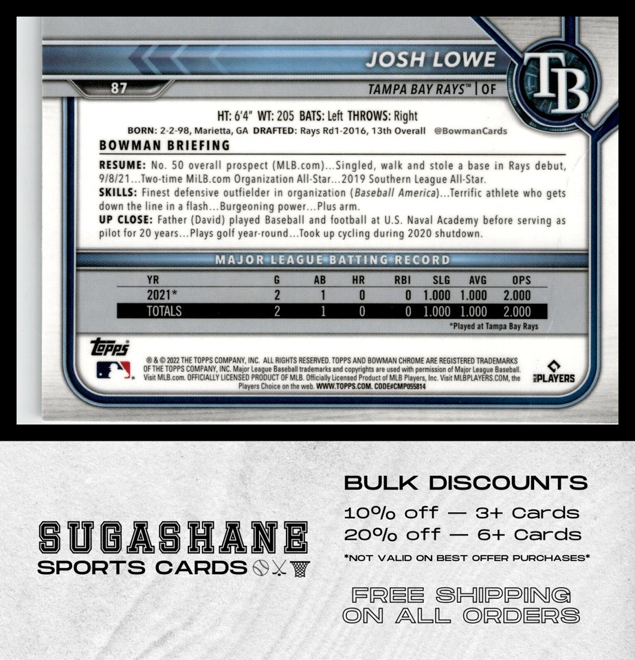 2022 Bowman Chrome 87 Josh Lowe Tampa Bay Rays Rookie Baseball Card | eBay