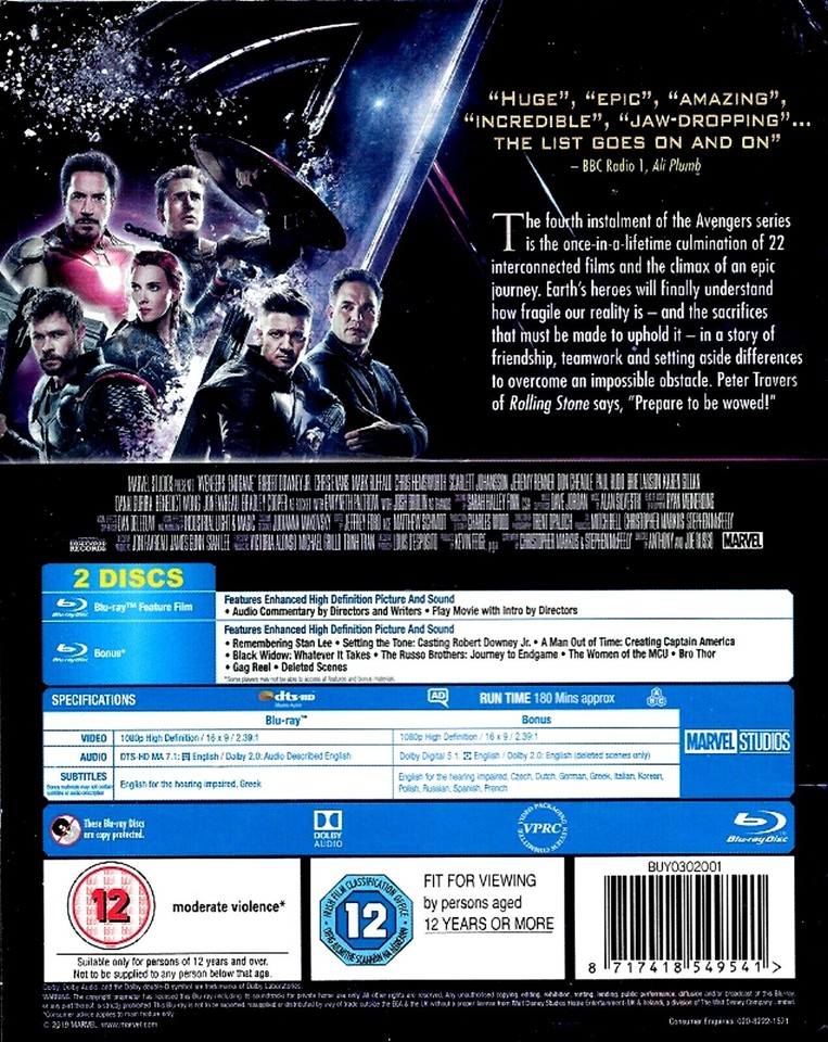 AVENGERS - END GAME - 2 DISC BRAND NEW SPECIAL FEATURES BLU-RAY -MULTI ...