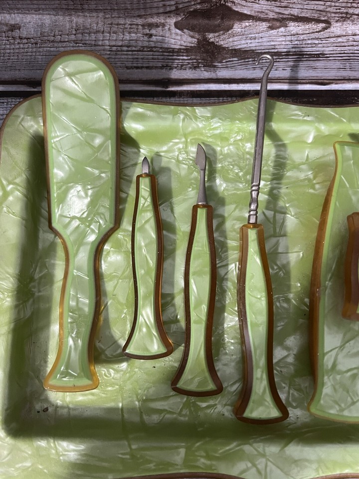 Antique/Vintage Bakelite Celluloid Green Art Deco Vanity Dresser Set 8 ...