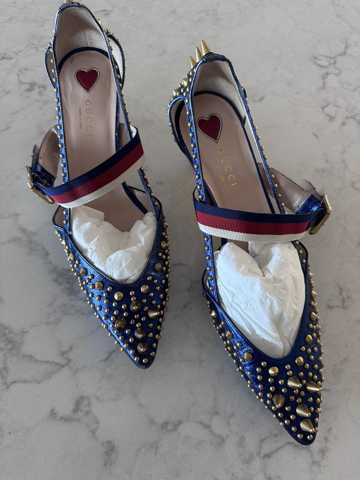 Gucci Metallic Blue Leather Unia Studded Pointed Toe Pumps Size 37.5 | eBay