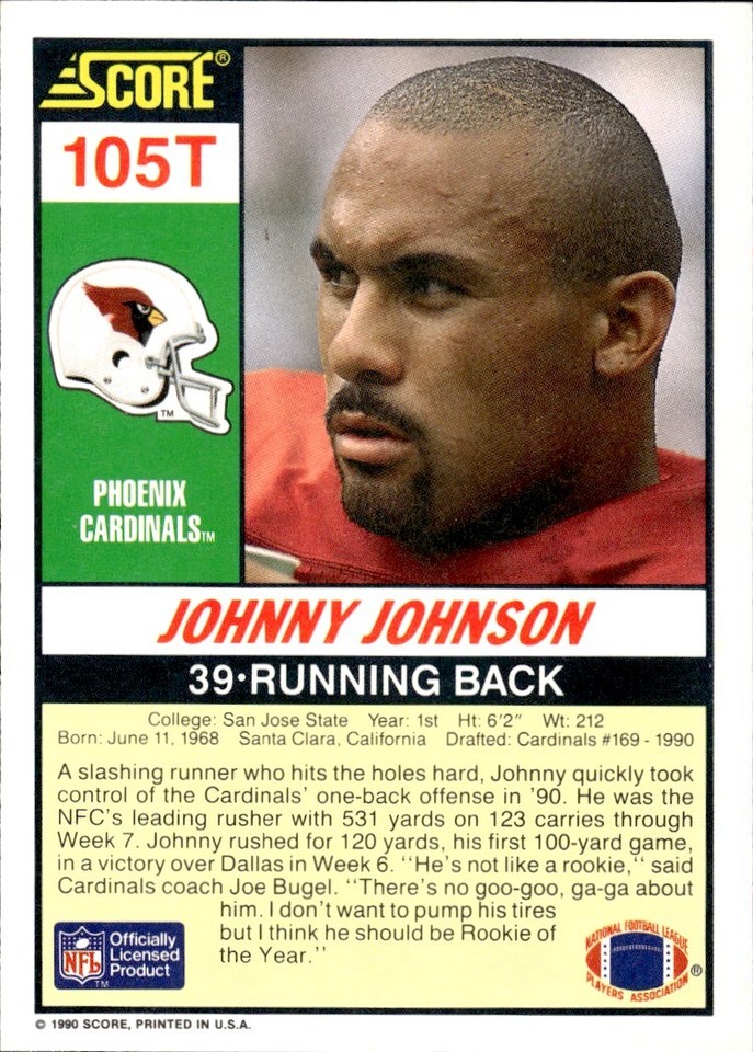 1990 Score Supplemental Johnny Johnson Rookie Phoenix Cardinals #105T ...