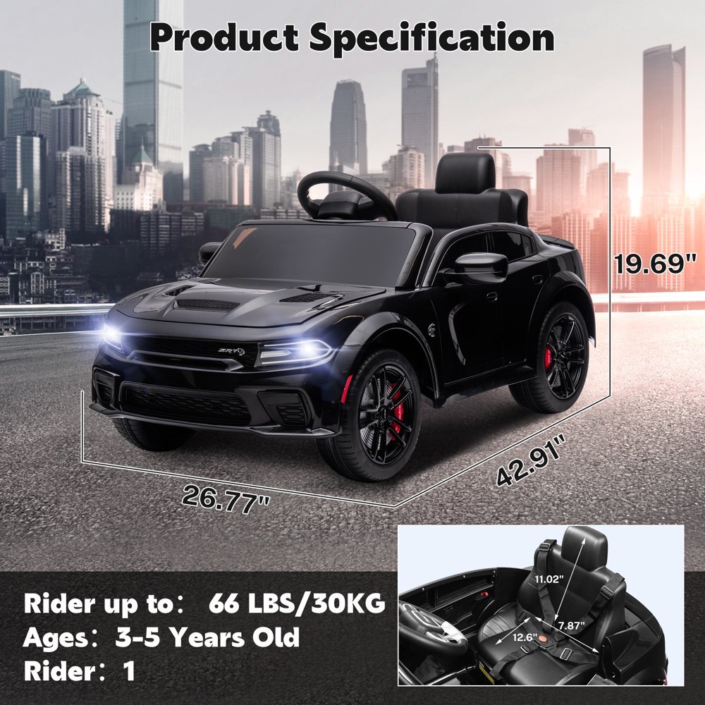 12V Dodge Charger SRT Hellcat Ride-On Toy with Remote Control, MP3, an