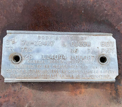 1971 Camaro # 19 Black B Vinyl # 775 Black COWL DATA BODY TAG TRIM CODE ...