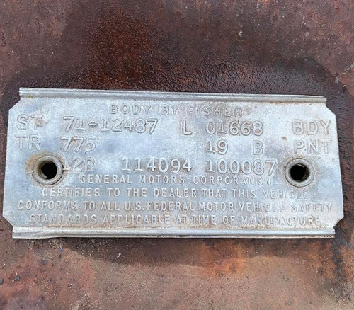 1971 Camaro # 19 Black B Vinyl # 775 Black COWL DATA BODY TAG TRIM CODE ...