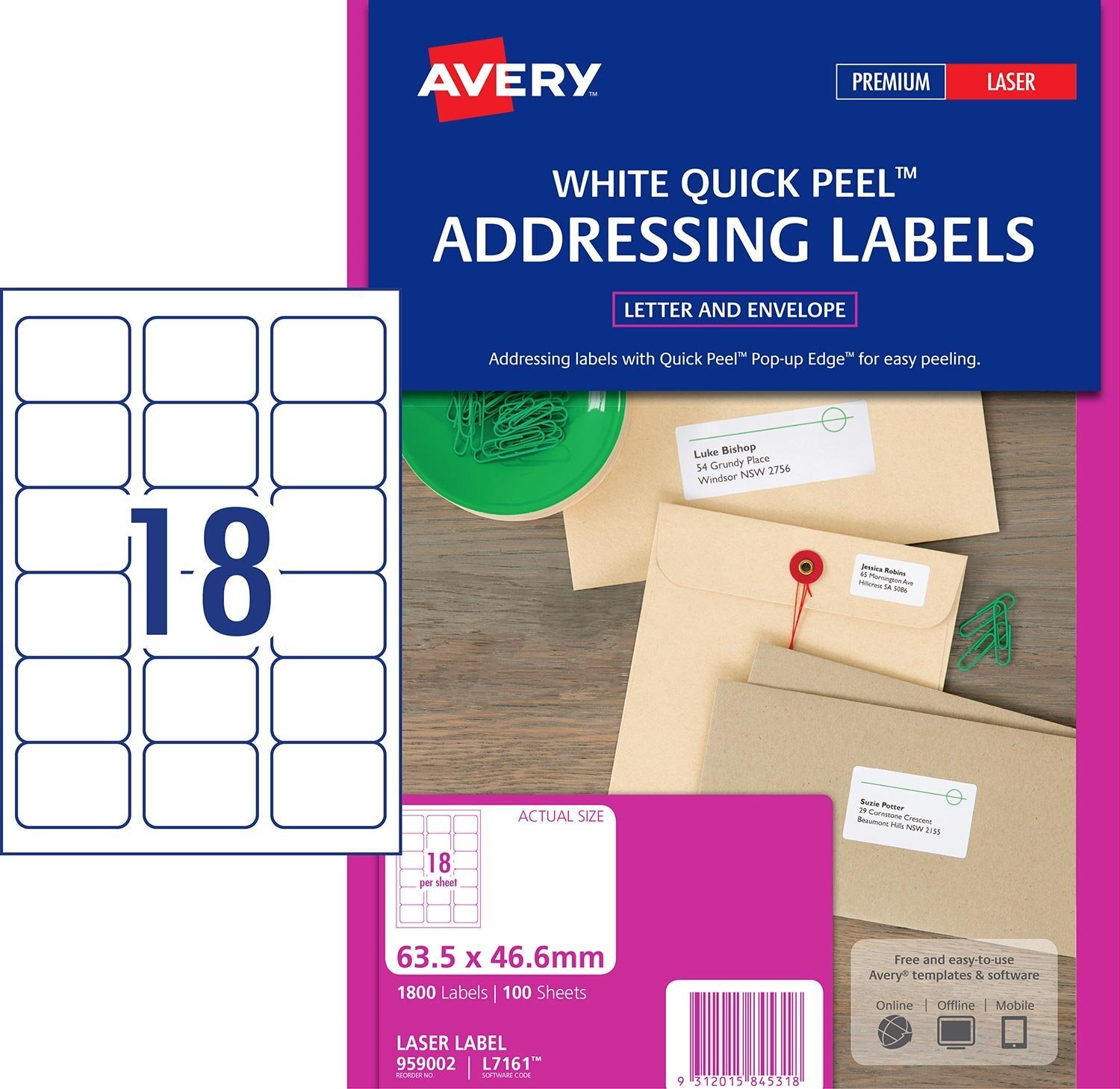 Avery L7161 Laser Address Labels White 18 Per Page 100 Pack - 959002 ...