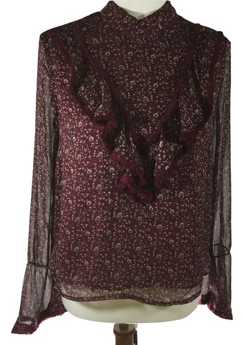 Blush Noir Ruffled Bell Sleeve Top Small Burgundy Floral Lined Long ...