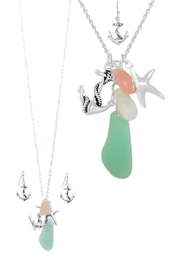 Multi Sea Glass and Anchor Charm Pendant Necklace and Earrings Set for ...