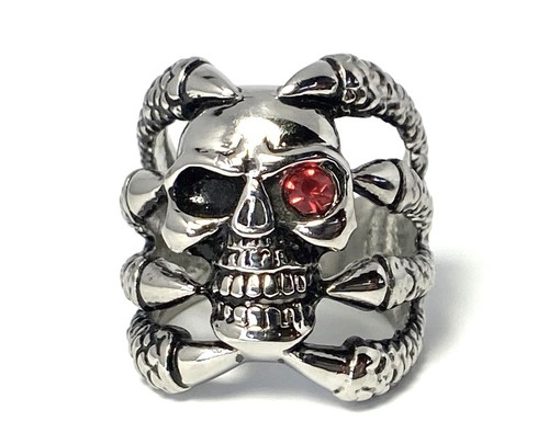 Clawed Skull Finger Ring One Red CZ Eye Stainless Steel Biker Cast ...