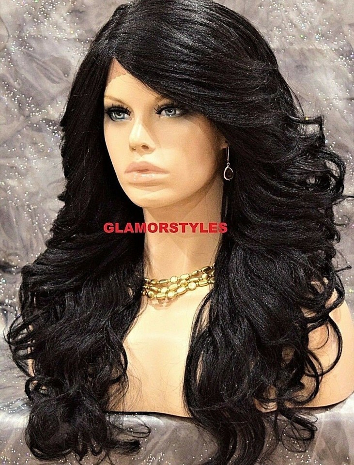 LACE FRONT FULL WIG LONG WAVY LAYERED SIDE PART DARK BROWN #2 HEAT OK ...