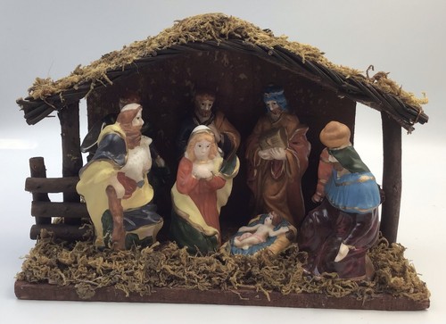 Vintage Christmas Nativity Stable Scene PolyResin & Wood Set Boxed ...