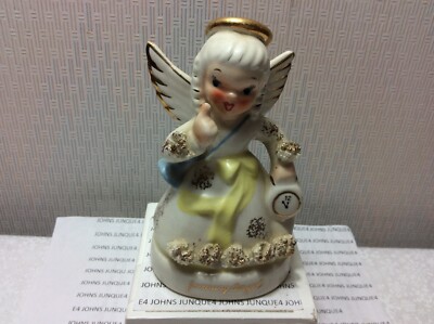 VINTAGE JANUARY ANGEL Ceramic Angel with wings holding present 4.5 ...