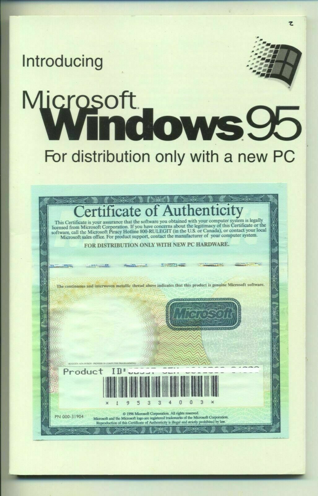 GENUINE VINTAGE INTRODUCING WINDOWS 95 MANUAL w/PRODUCT ID KEY & COA ...