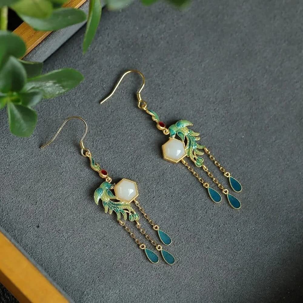 Vintage Chinese Natural White Jade Enamel Phoenix Earrings Female ...