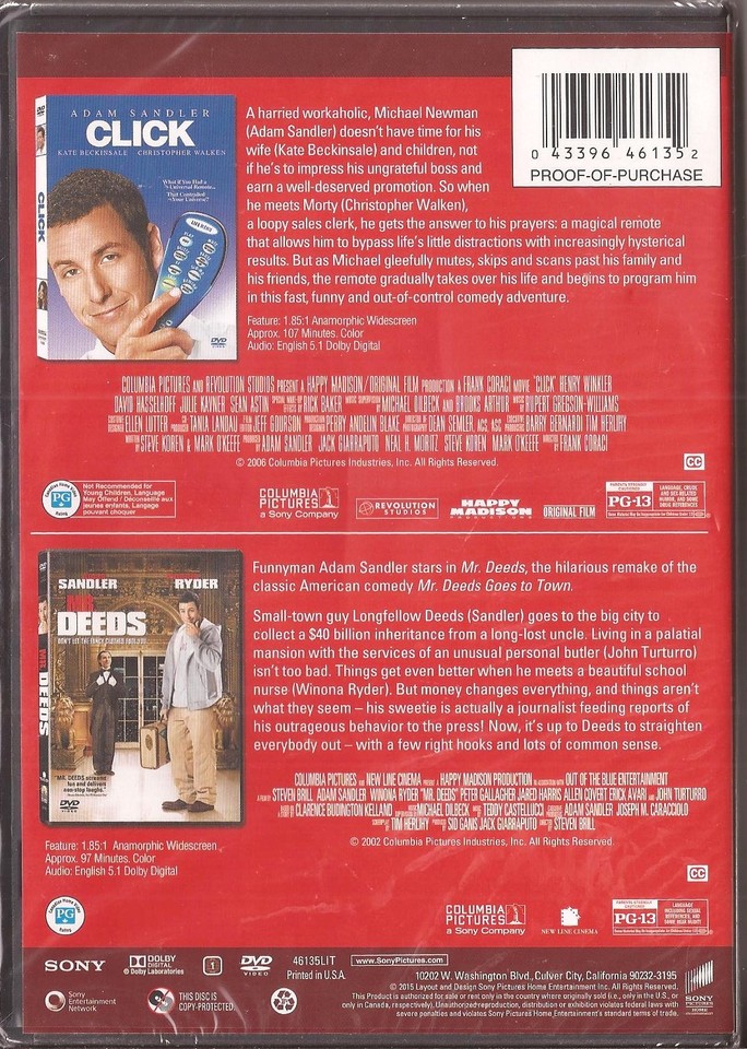 Click & Mr. Deeds DVD Movie Comedy Double Feature Adam Sandler Factory ...