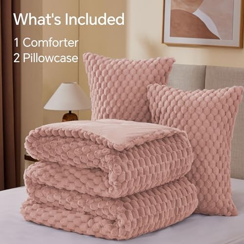 Fluffy King Size Comforter Set - Fleece Soft King(102"x90") Dusty Pink ...