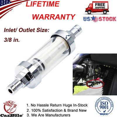 Car Truck Chrome 3/8" 10mm Glass Fuel Filter Clear Cleanable Reusable ...